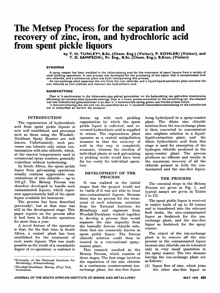 The Metsep Process for the Separation and Recovery of Zinc, Iron, And ...