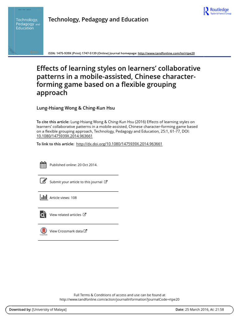Effects Of Learning Styles On Learners Collaborative Patterns In A Mobile Assisted Chinese