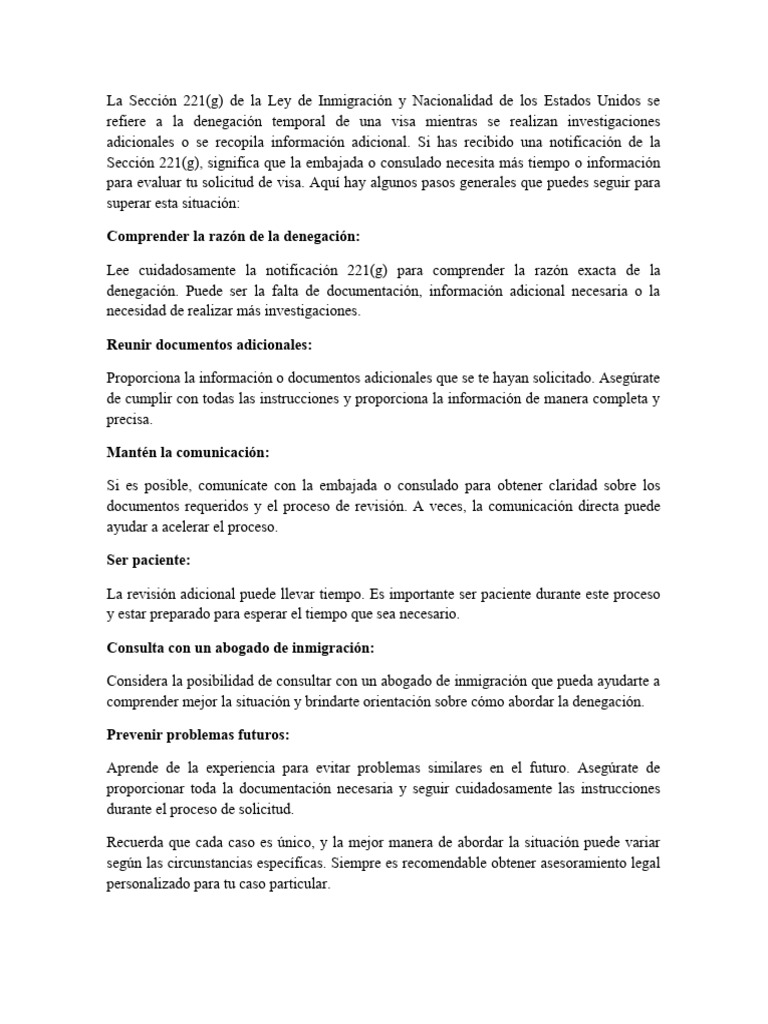 Guía sobre la Sección 221(g) de Visa | PDF