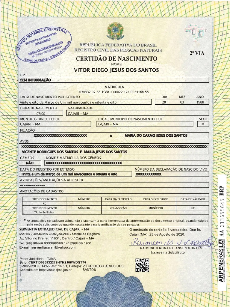 Certidão de Nascimento Dksksksks | PDF