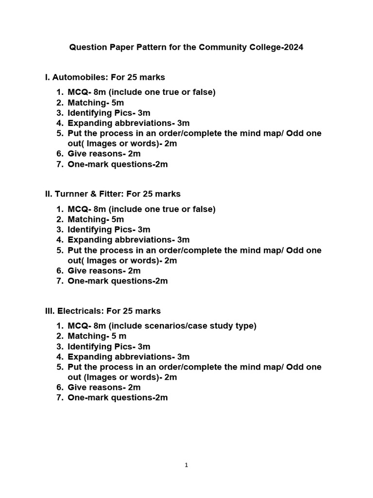 Question Paper Pattern For The Community College | PDF