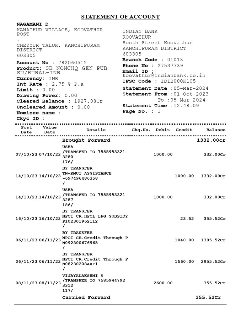 SB Nonchq-Gen-Pub-Su/Rural-Inr: Statement of Account | PDF | Debits And ...