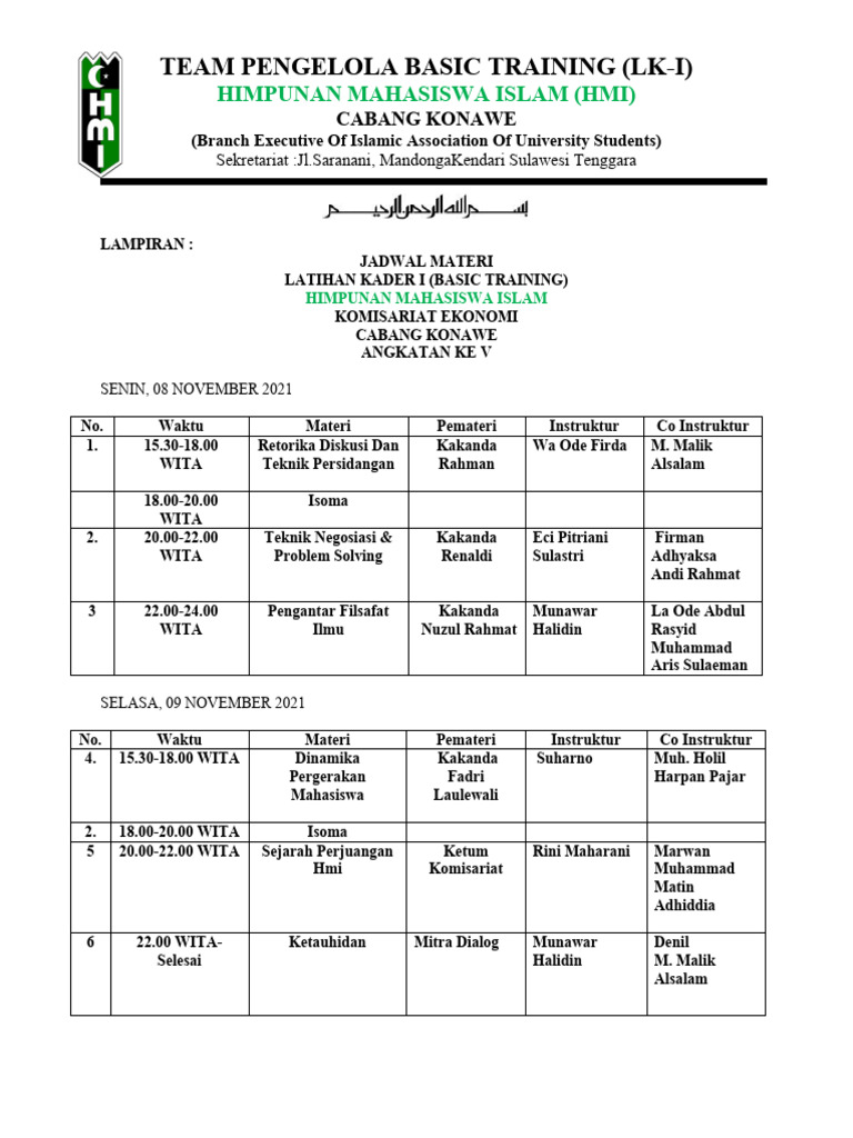 Proposal Basic Training Lk-1 Hmi Cabang Konawe Komisariat Ekonomi | PDF