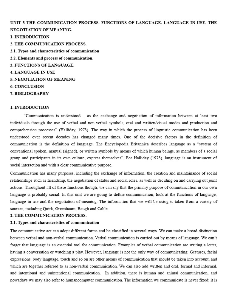 Unit 3 The Communication Process. Functions of Language. Language in Use. The Negotiation of ...