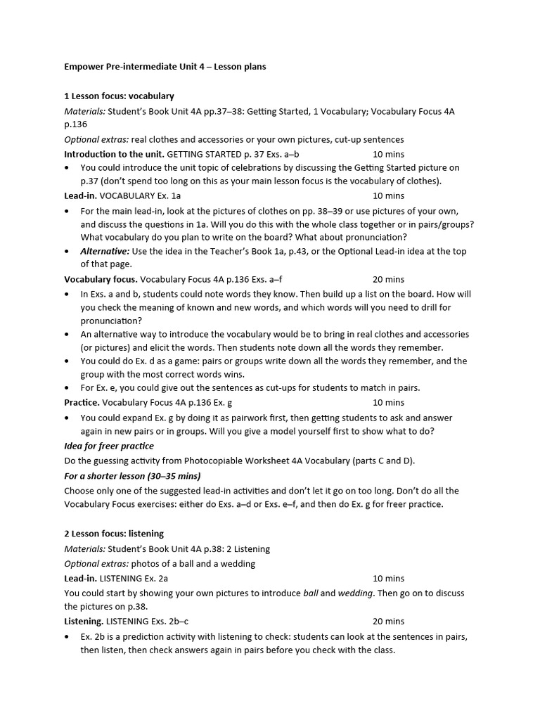 Empower Second Edition B1 LessonPlans U04 final+AD | PDF | Vocabulary | Conversation