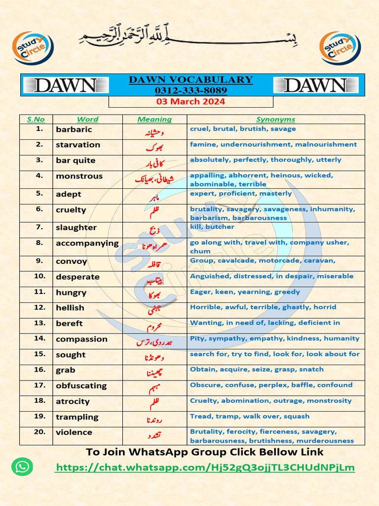 Dawn Vocab 03-March-2024 | PDF | Hunger | Malnutrition