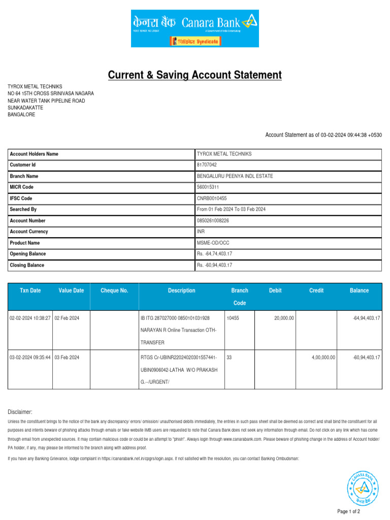 Current & Saving Account Statement | PDF