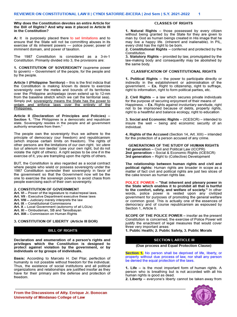 Consti Ii Reviewer | PDF | Search And Seizure | Due Process Clause