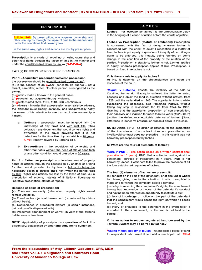 Oblicon Reviewer | PDF | Laches (Equity) | Statute Of Limitations