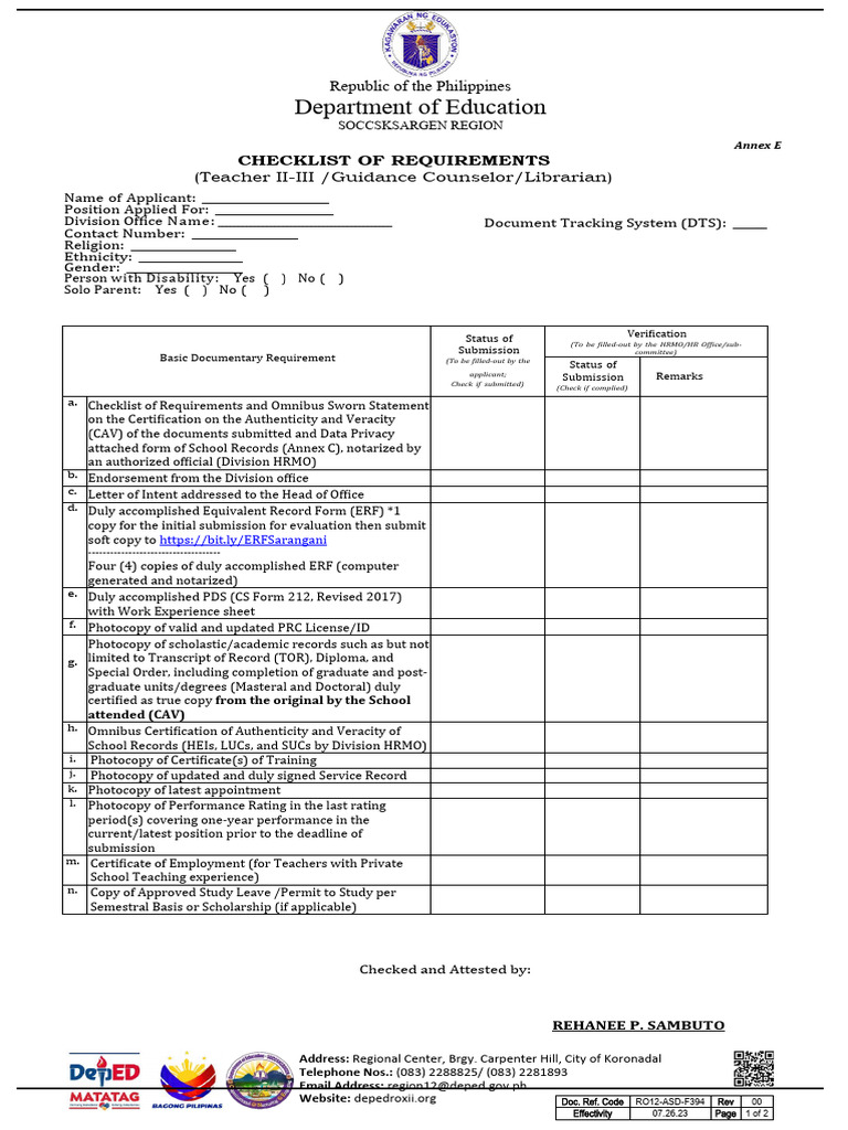 Recla Annex C CHECKLIST OF REQUIREMENTS Teacher 1 To 3 NEW TEMP | PDF