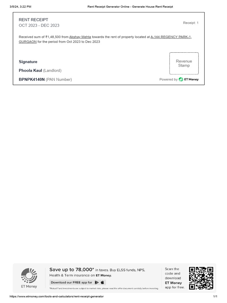 Rent Receipt Generator Online - Generate House Rent ReceiptOND | PDF