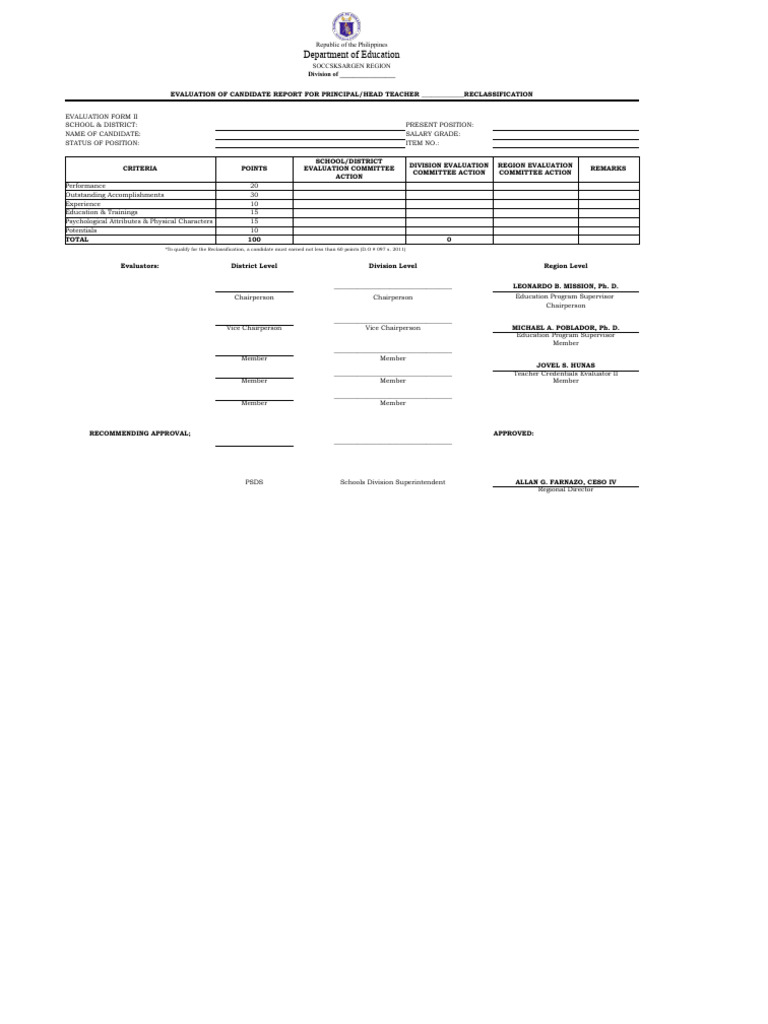 Principal Reclassification Evaluation Form | PDF | Doctor Of Philosophy ...