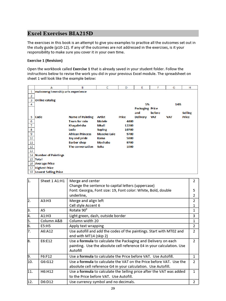Excel Exercises BIA215D | PDF