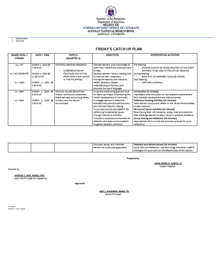 CATCH-UP FRIDAY ACTION PLAN_A.M.ALBITO | PDF