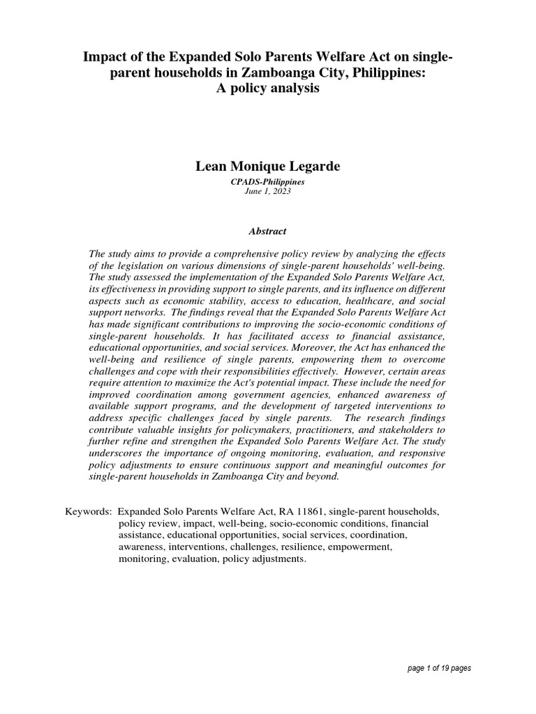 Impact of Solo Parents Welfare Act in Zamboanga | PDF | Single Parent ...