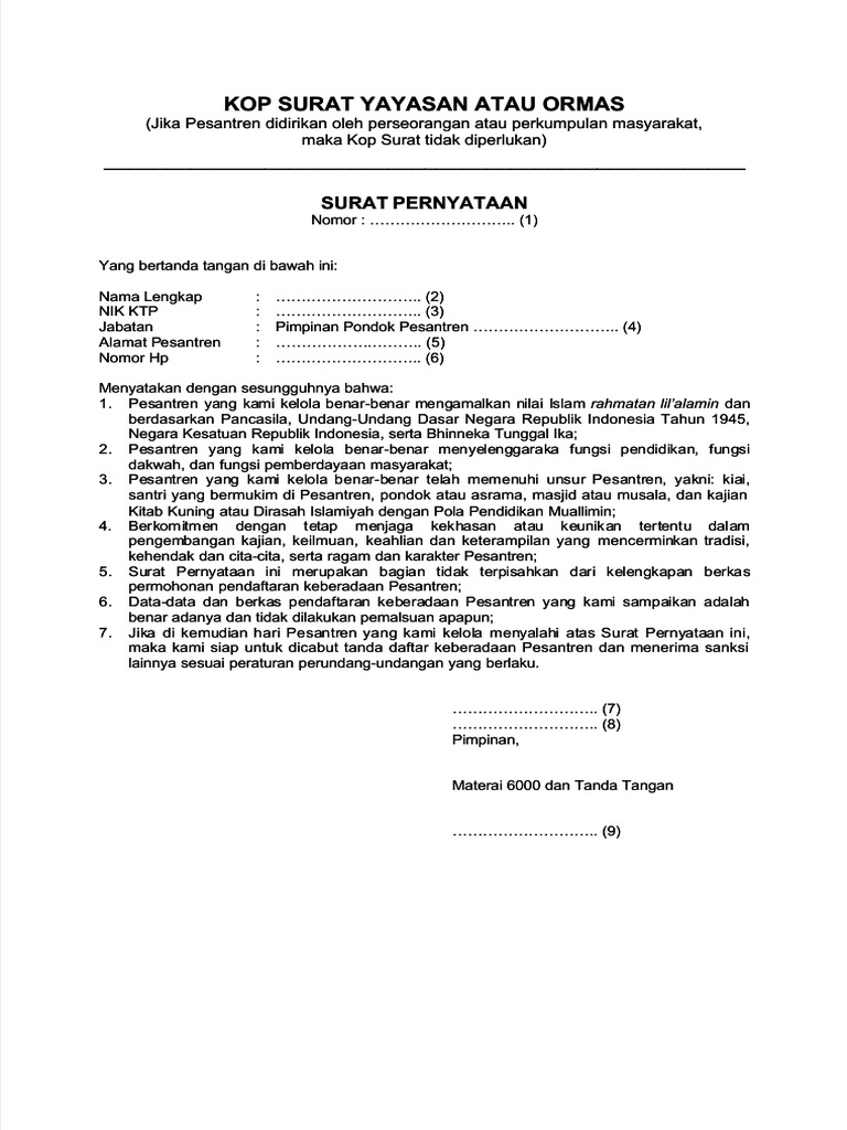 Surat Pernyataan Pimpinan Pesantren | PDF