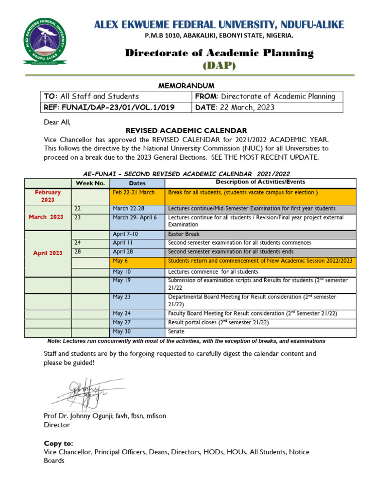 Letter To Staff and Students - REVISED ACADEMIC CALENDAR March 2023 ...