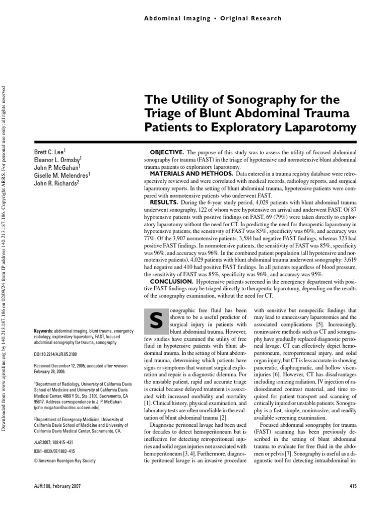 Lee Et Al 2012 The Utility of Sonography For The Triage of Blunt ...