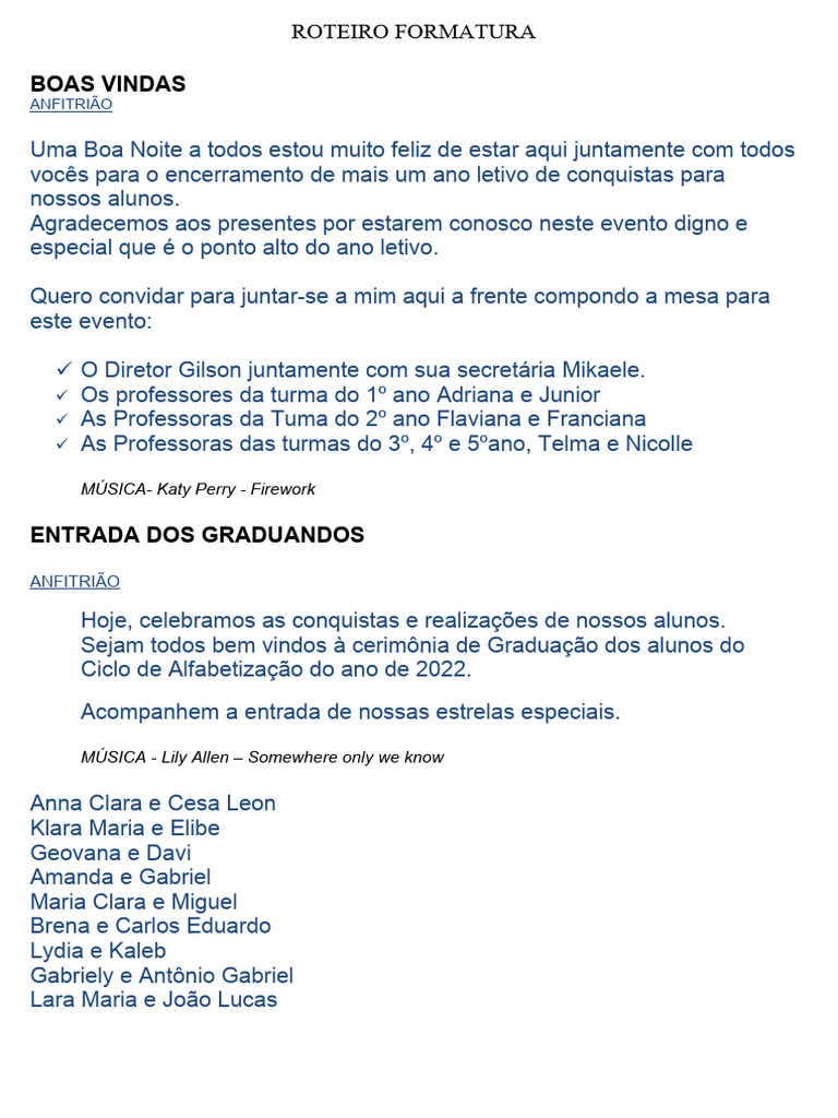 Roteiro Formatura | PDF