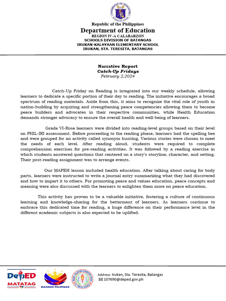 Catch-Up Fridays Narrative Report | PDF | Learning | Behavior Modification