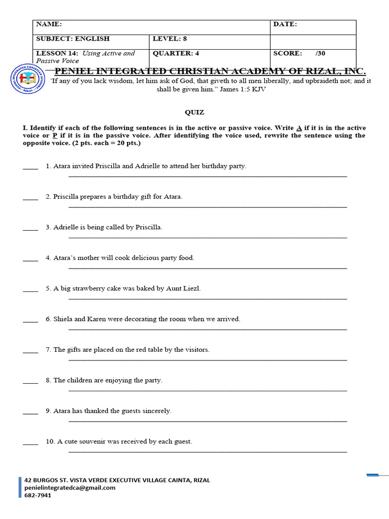 Active and Passive Voice Quiz for Grade 8 | PDF | Language Arts ...
