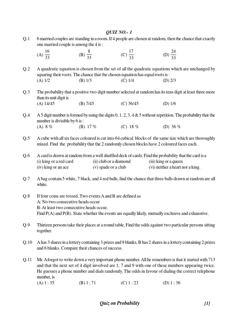 Probability Quiz (1 To 7) | Download Free PDF | Probability | Odds