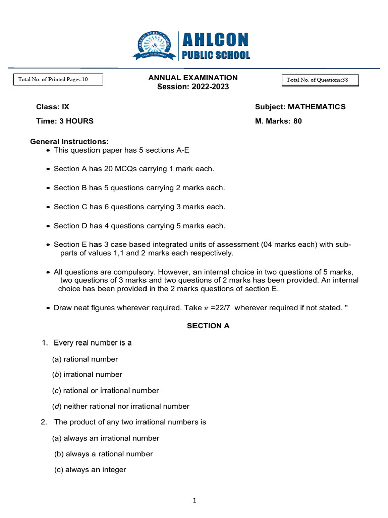 PDF Maths Class 9 Annual Exam Ques Paper | PDF | Numbers | Mathematical ...
