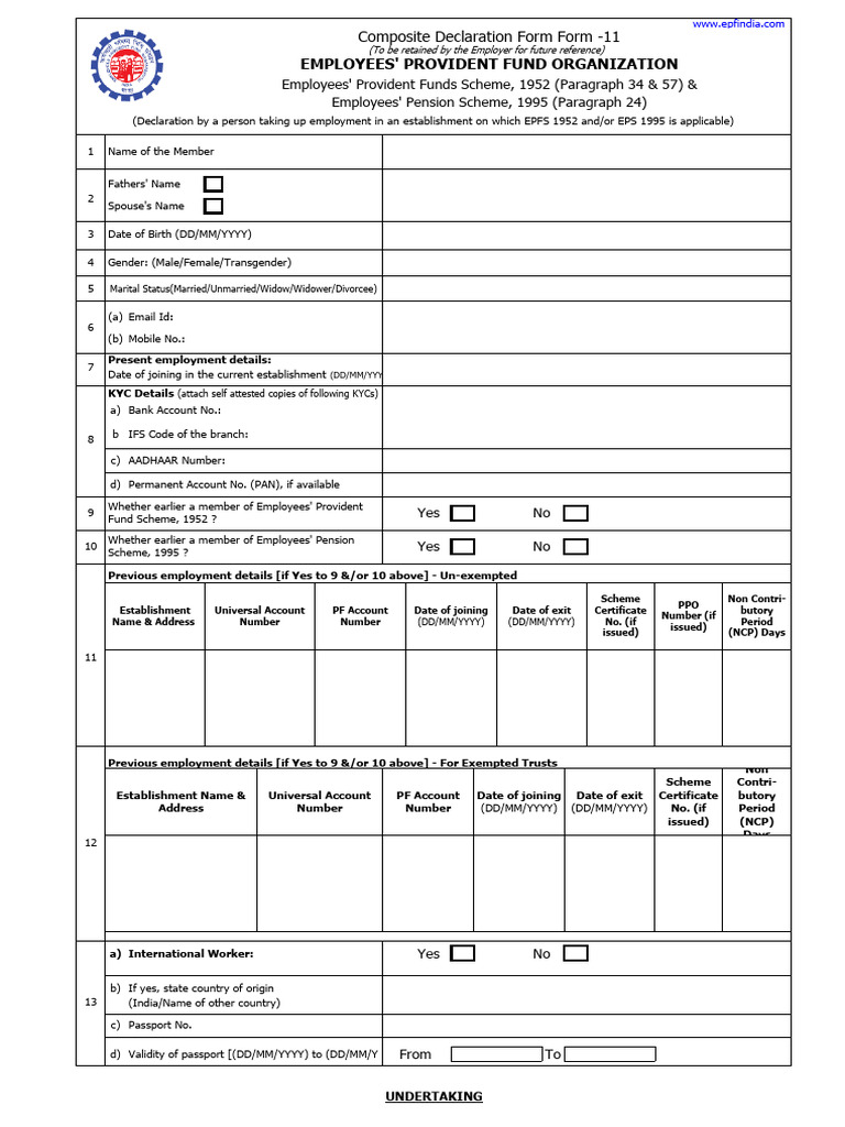 EPF - Form No. 11 - Composite Declaration Form - Blank | PDF