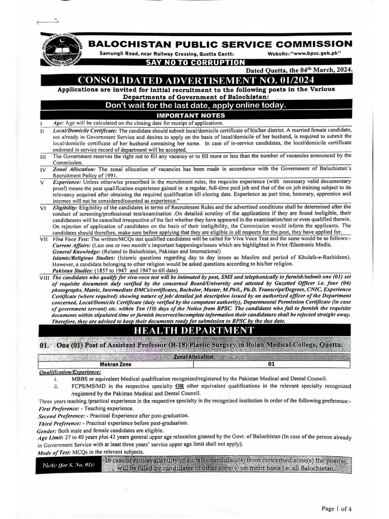 BPSC Consolidated Advertisement No 01-2024 (04-03-2024) | PDF