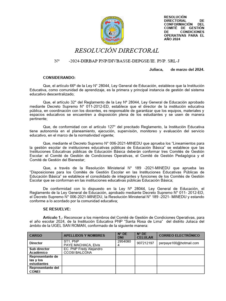 Modelo Resolución Directoral de Conformación Del Comité de Gestión | PDF