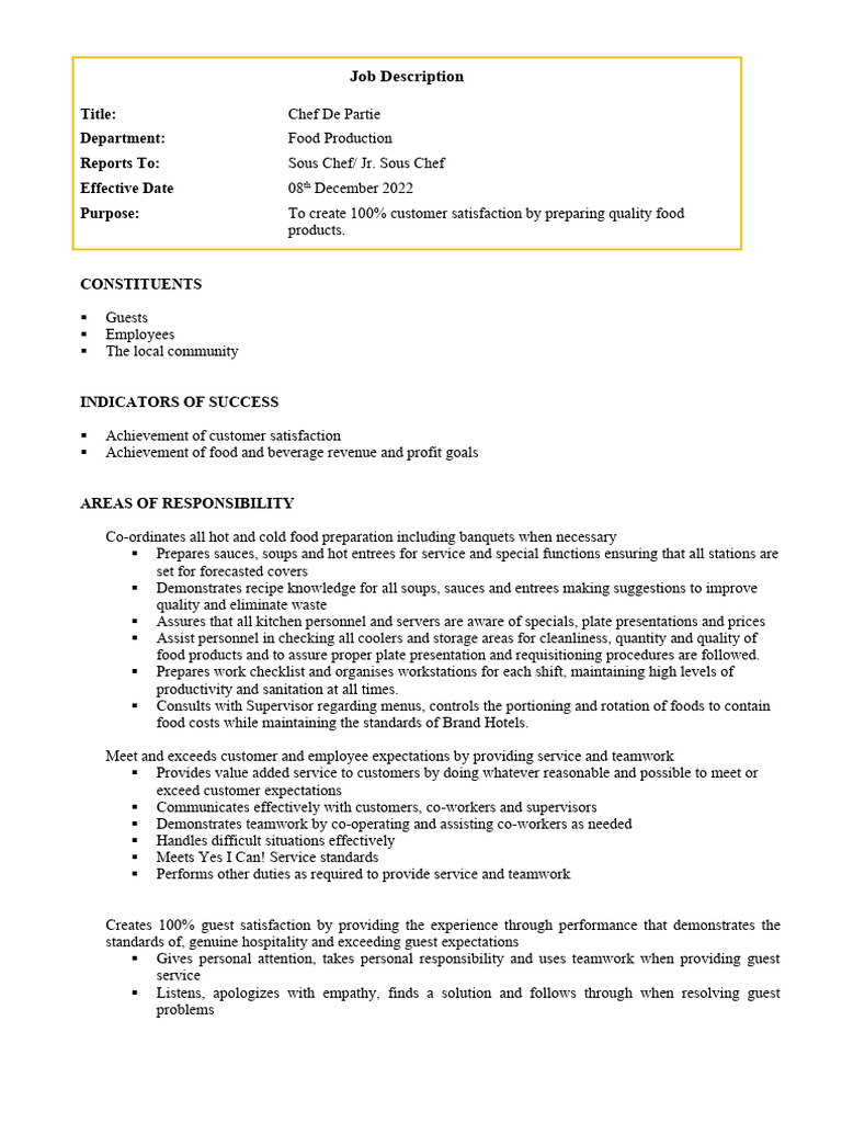 Chef De Partie Job Responsibilities | PDF