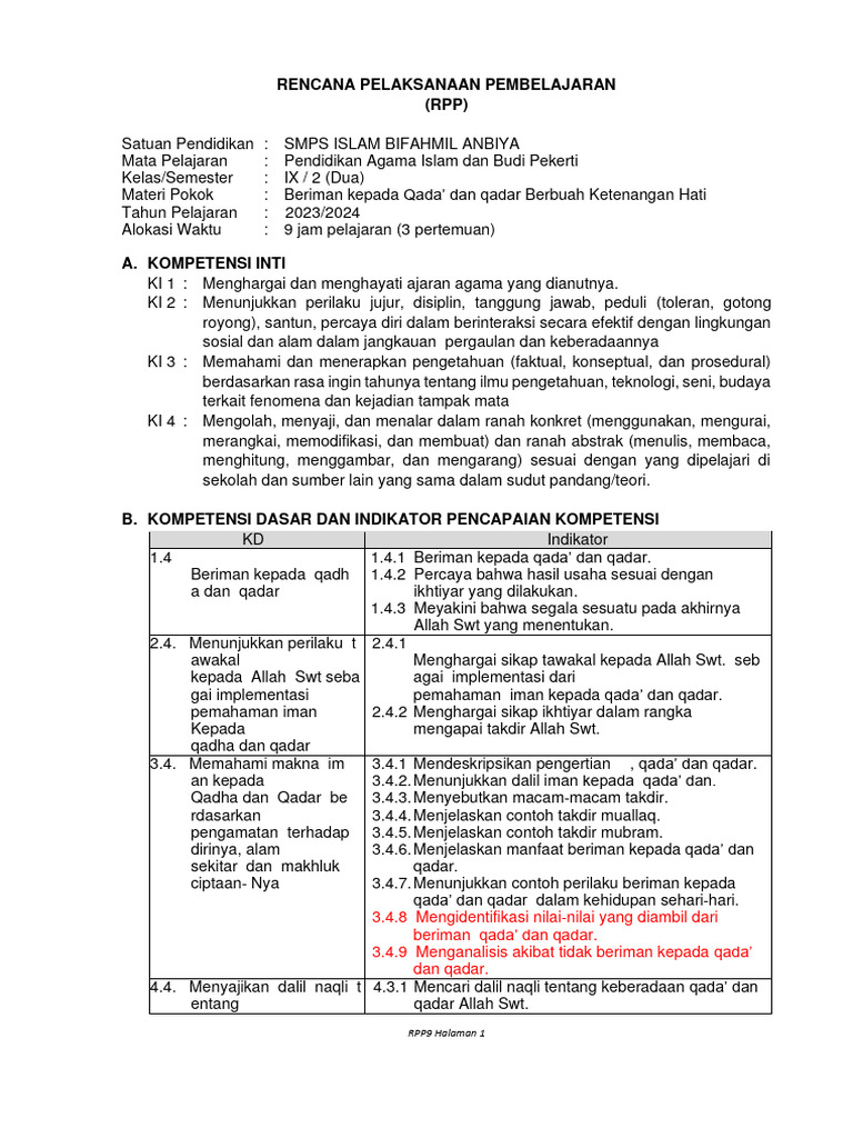 Bagi 1. RPP PAI K9 K13 - IMAN QADA' QADAR | PDF