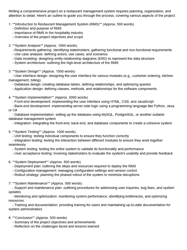 Writing a comprehensive project on a restaurant management system ...