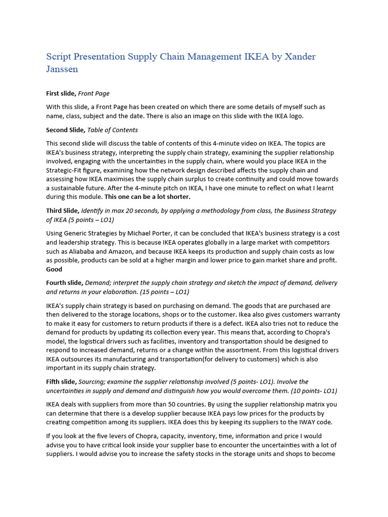 Script Presentation Supply Chain Management IKEA by Xander Janssen | PDF | Supply Chain ...