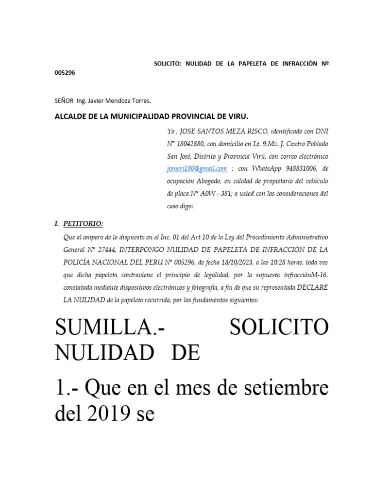 Solicito Nulidad de Papeleta | PDF