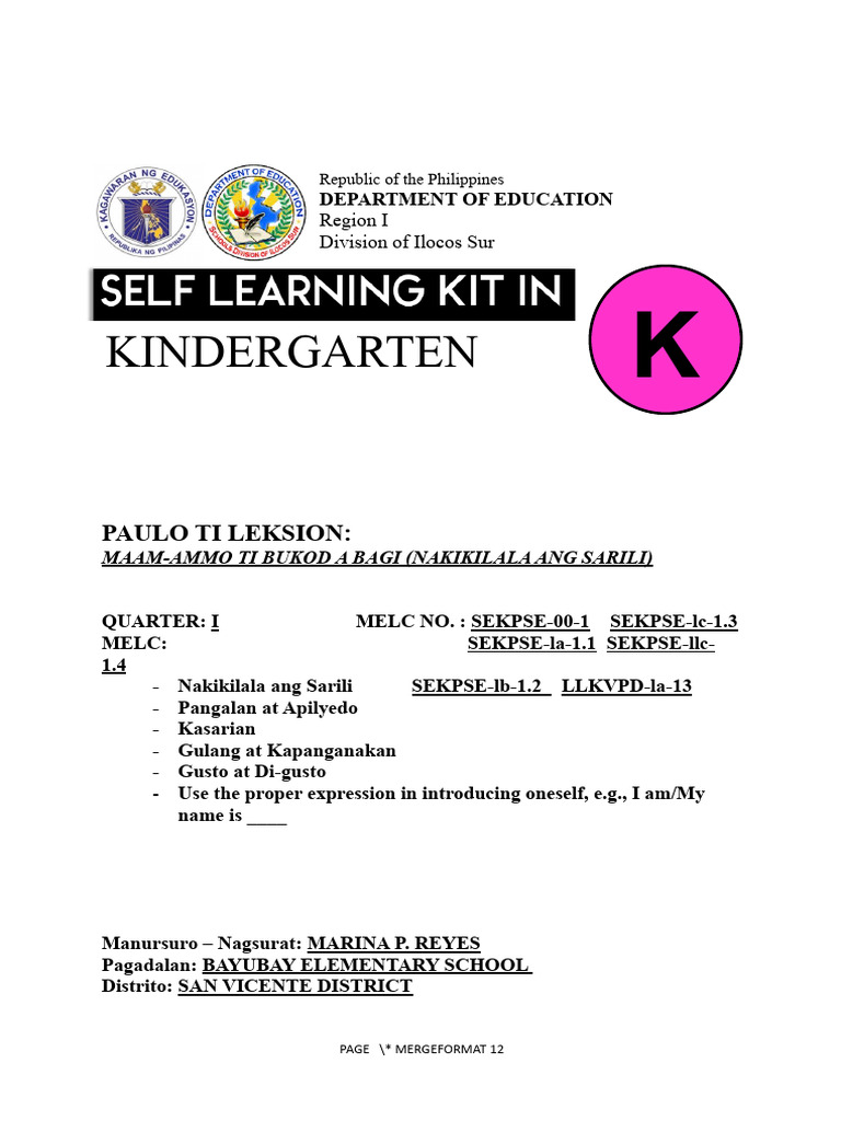 SLK Kindergarten Q1 Week 1 | PDF