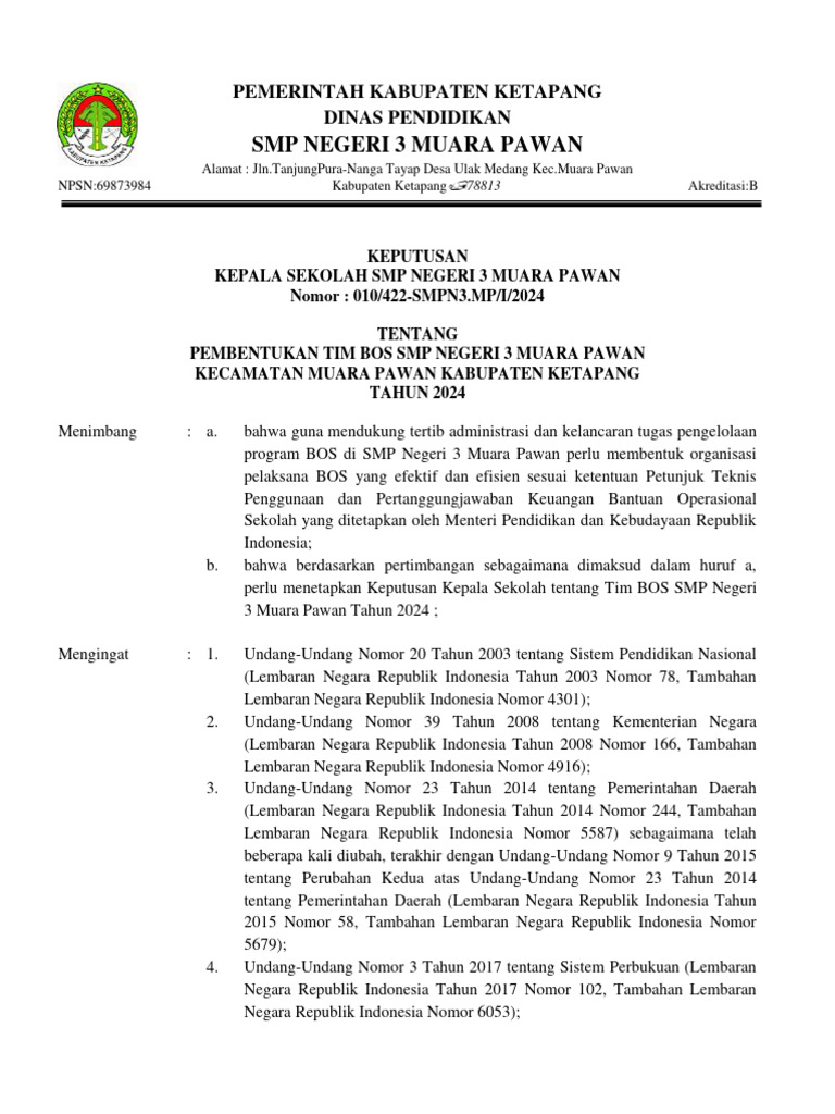 SK TIM BOS Reguler 2024 SMPN 3 MUARA PAWAN | PDF