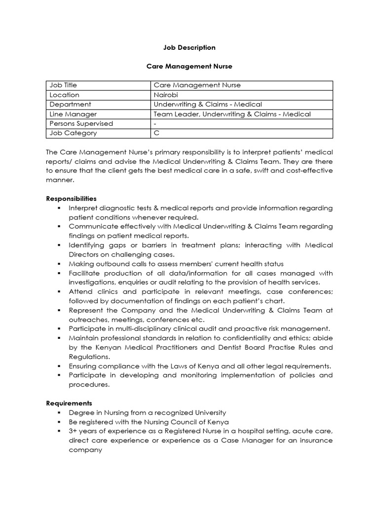 Care Management Nurse Job Description | PDF
