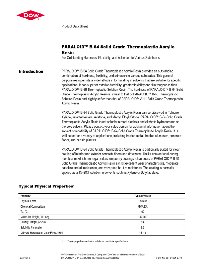 884 01231 01 Paraloid b64 Solid Grade Thermoplastic Acrylic Resin Tds ...
