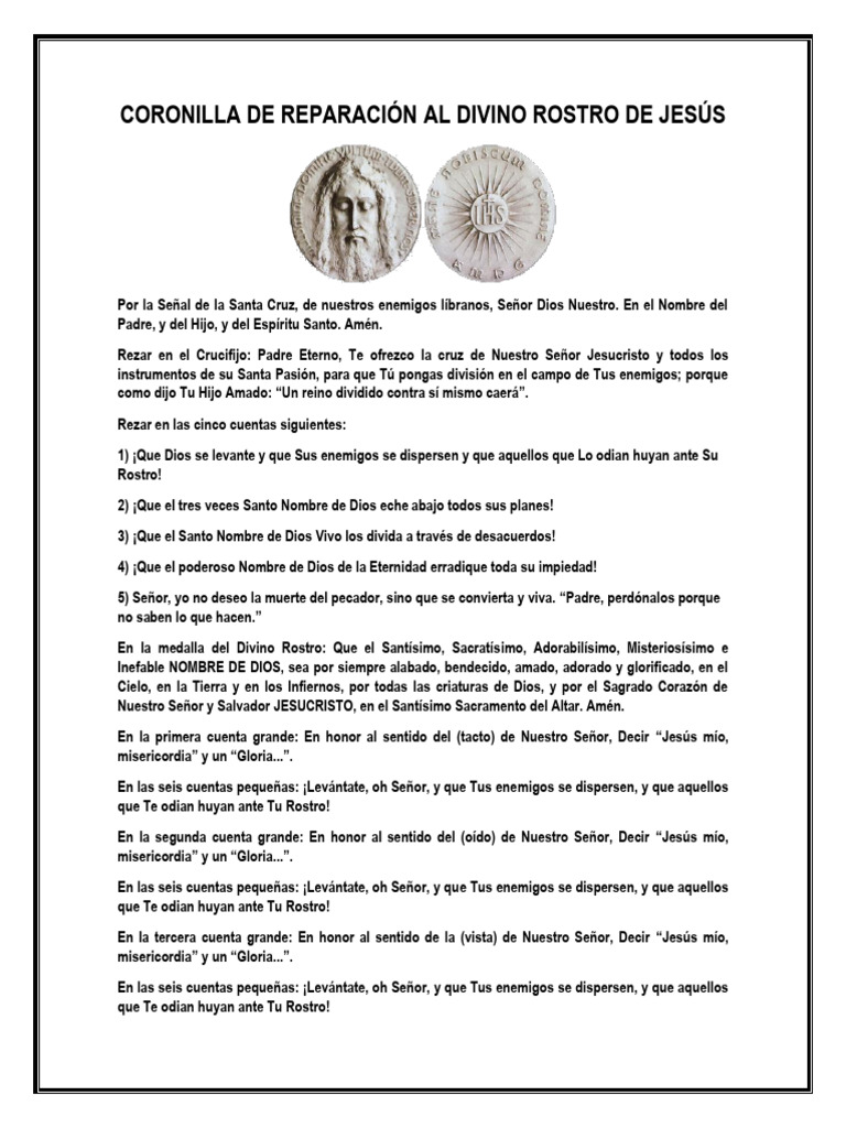 Coronilla de Reparación Al Divino Rostro de Jesús | PDF | Oración ...