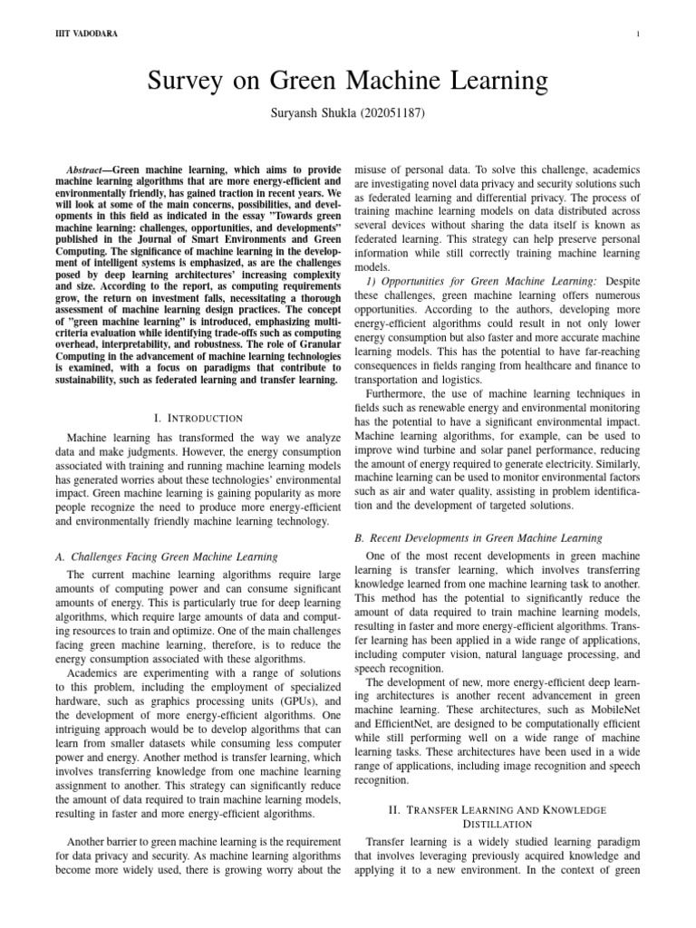 Survey On Green ML Suryansh Shukla (202051187) | PDF