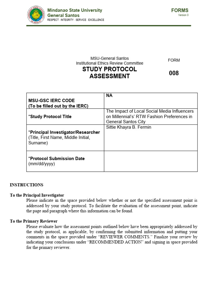 FERMIN - Form 008 - Study Protocol Assessment | PDF