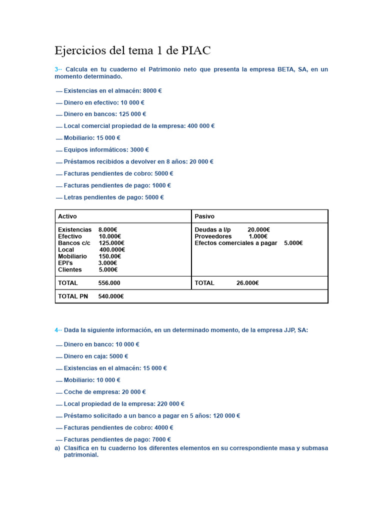 Ejercicios Del Tema 1 de PIAC | PDF | Valor neto | Bancos