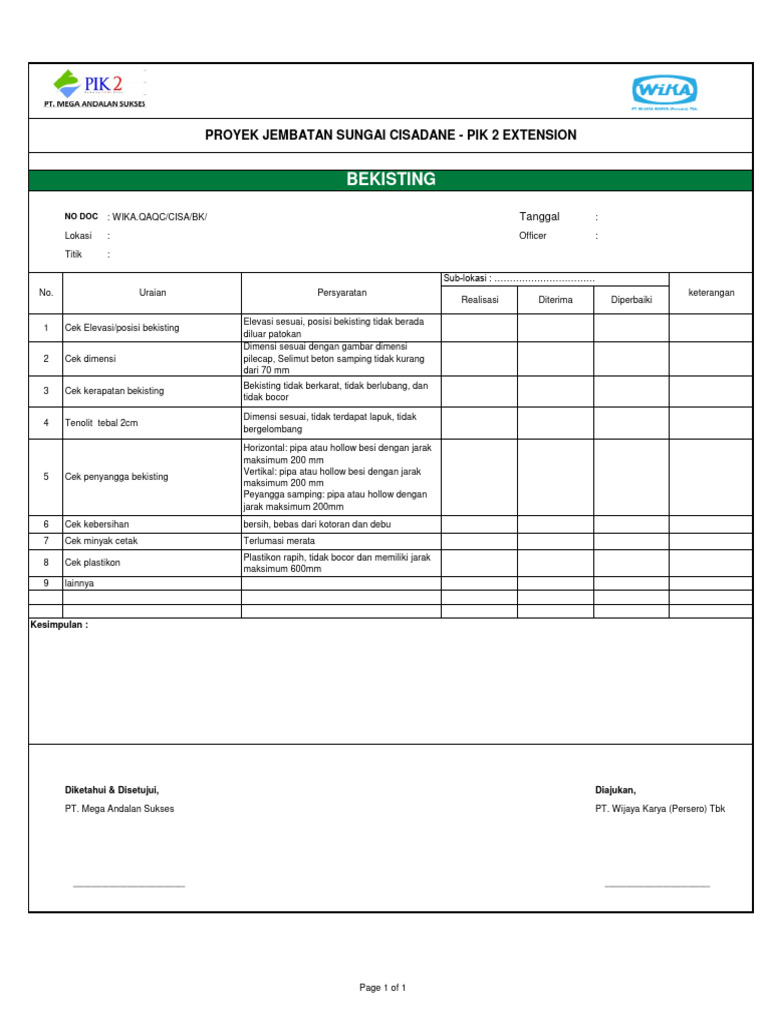 Form Checklist Bekisting | PDF
