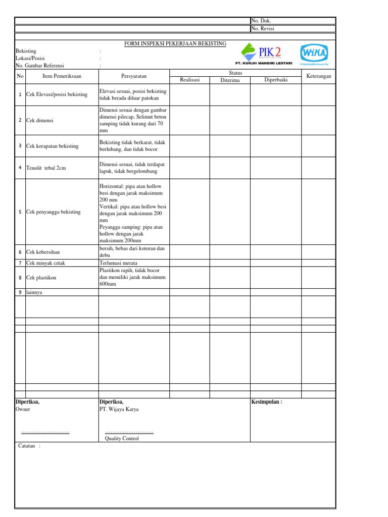 Form Inspeksi Internal Pembesian Diafragma J11 Ujung | PDF