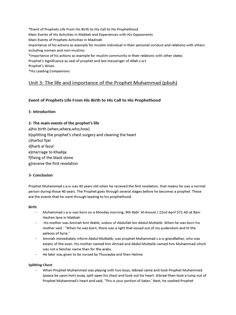 Unit 3 - The Life and Importance of The Prophet Muhammad (Pbuh) | PDF ...
