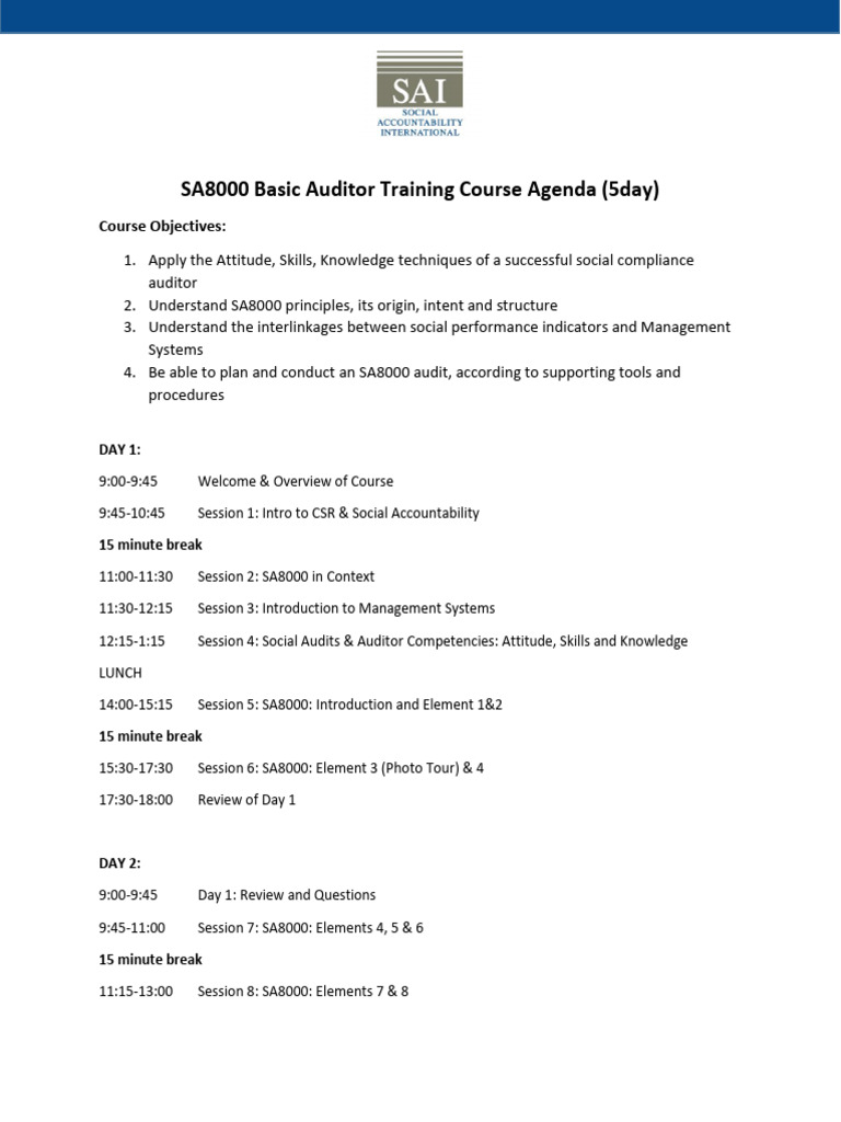 SA8000 Auditor Training Agenda 2025 | PDF | Audit | Learning