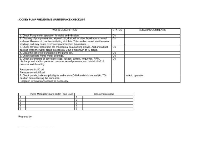 Jockey Pump Preventive Maintenance Checklist | PDF
