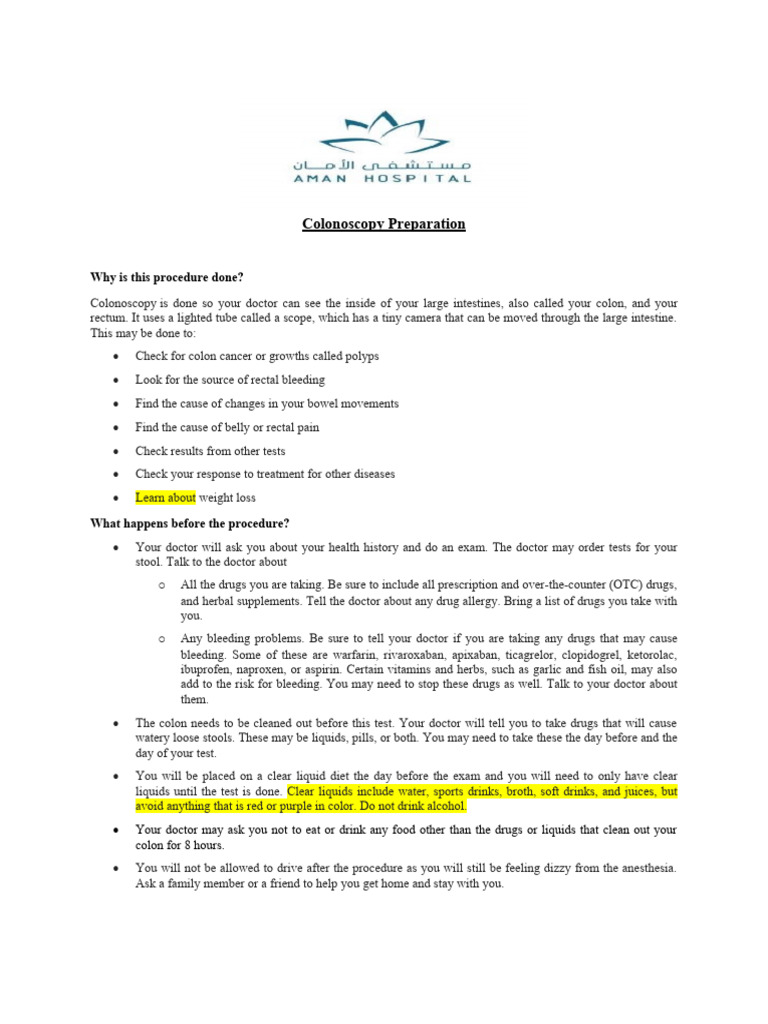 Colonoscopy Pre-Procedure Instructions | PDF | Colonoscopy | Colorectal ...