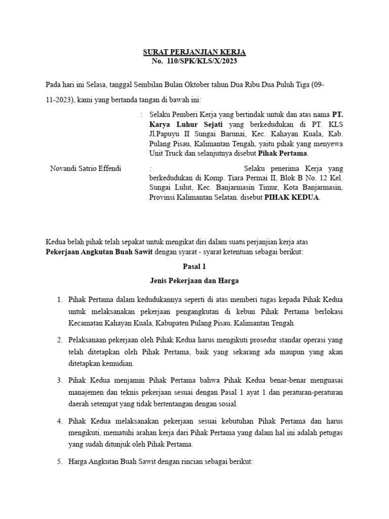 SPK Angkutan Buah Sawit PT KLS | PDF | Teknologi & Rekayasa